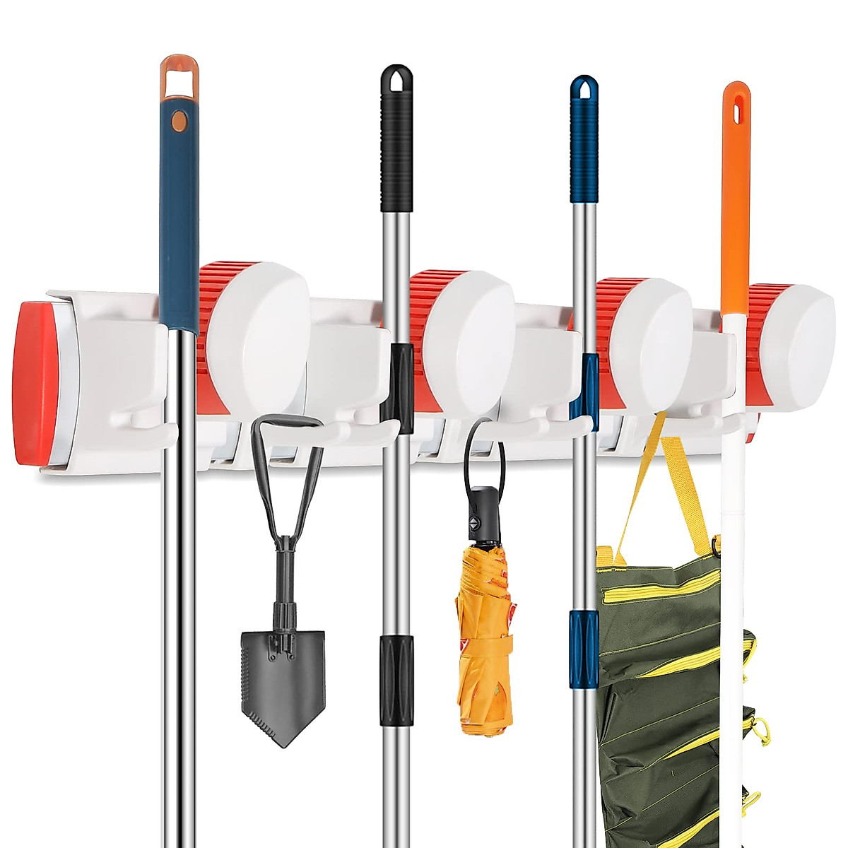 Lalafancy 2 Pack Mop Broom Holder Wall Mount, Broom and Mop Organizer Wall Hanging with Movable Sliding 4 Slots and 3 Hooks, Broom Hanger Storage Rack for Kitchen, Laundry Room