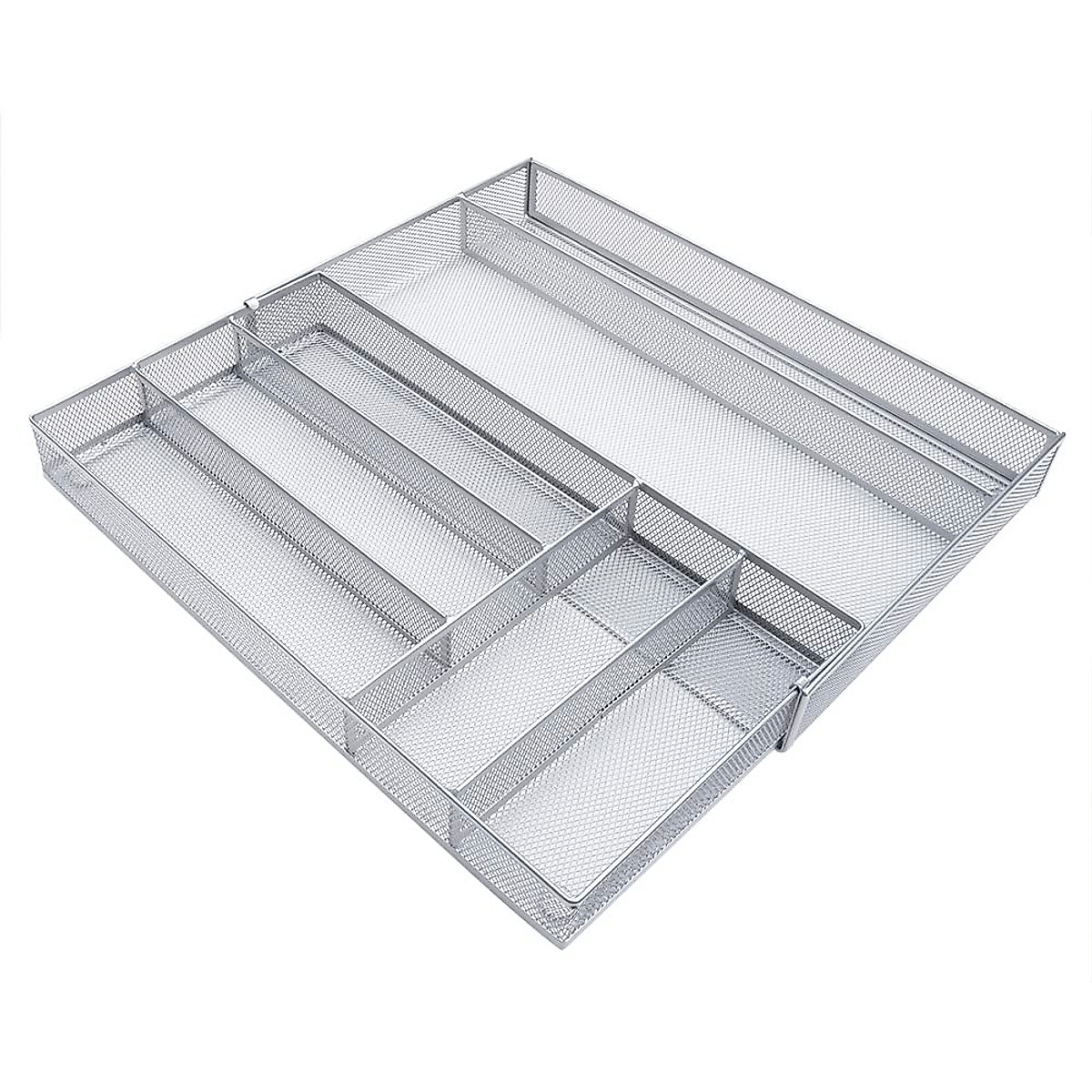 HANGYALI Expandable Cutlery Tray Mesh Flatware Metal Non-Slip 6 Compartments Kitchen Drawer Utensil Organizer (Silver)