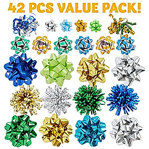 JOYIN 42 PCS Christmas Gifts Bows Assortment, Self Adhesive Gift Bows for Gift Wrapping, Present, Holiday, Wedding, Party Decoration