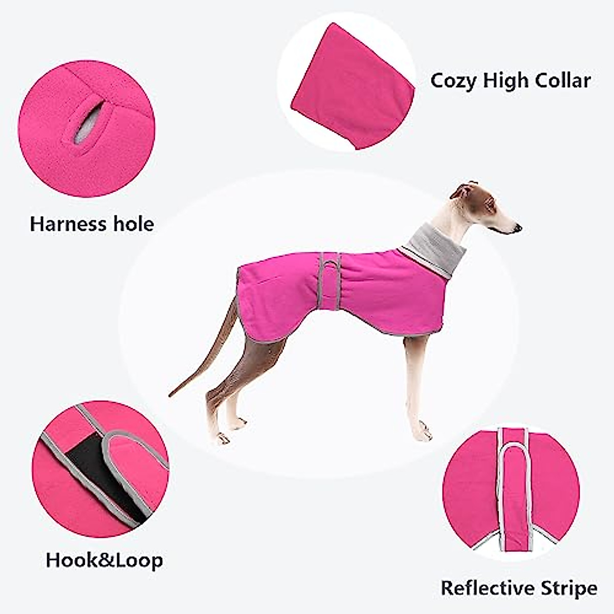 Dog Coats with Reflective Bar, Dog Winter Coat Soft Polyester Fleece, Adjustable Band - Dog Winter Jacket for Greyhounds, Lurchers and Whippets - Pink - XS