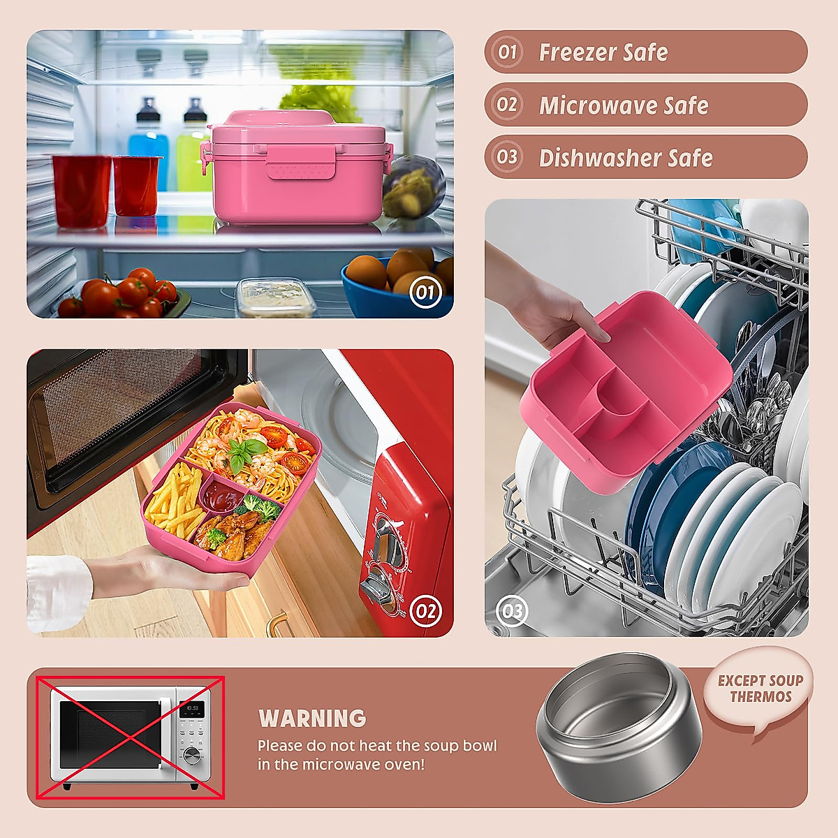 DaCool Lunch Box Kids Bento Box 7.5 Cups with 4-Compartment Leakproof BPA Free Toddler Girls Lunch Containers with Fork Spoon for Meal Snack On-the-Go School Picnic, Microwave Dishwasher Safe, Pink