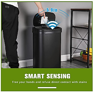 Hkeli Kitchen Trash Can 13 Gallon Brushed Stainless Steel Garbage Can Capacity 50 Liter Automatic Touchless Bathroom Waste Bin with Lid for Home Office (Black)