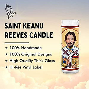 Keanu Celebrity Prayer Candle - Funny Saint Candle - 8 inch Glass Prayer Votive - 100% Handmade in USA - Funny Celebrity Novelty Gift