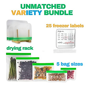 24 Pack Storage Bags for Food In 5 Sizes & 25 Freezer Labels With Drying Rack bpa free food bags, XL 12 X 14 Reusable Gallon Bags For Food, Silicone Storage Bags For Food Kids Reusable Snack Bags