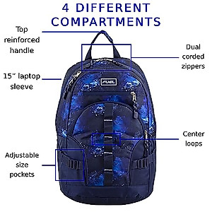 FUEL Dynamo Active Backpack, Fits Most Laptops up to 15", Front Access Pockets, Padded Lumbar, Comfortable, Adjustable Straps - Blue Galaxy