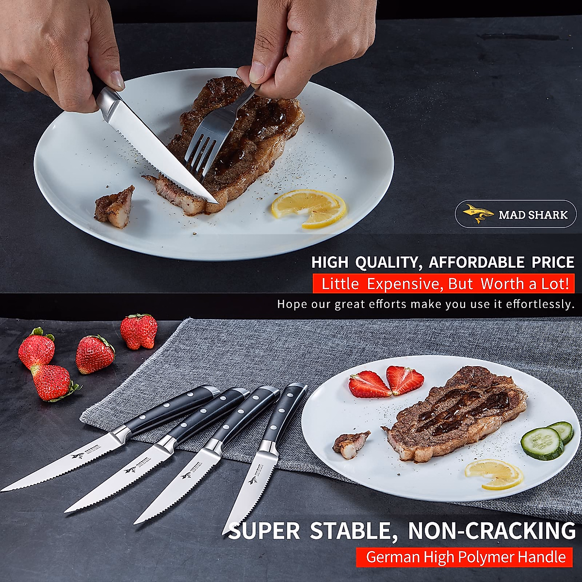 MAD SHARK Steak Knives Set of 8, Premium 4.5-inch Serrated Steak Knife Set, Ultra Sharp German High Carbon Stainless Steel Triple Rivet Collection 8-Piece Kitchen Steak Knife Set with Gift Box