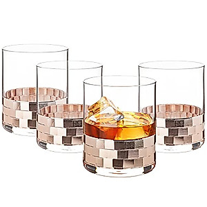 MyGift Whiskey Glasses Set of 4, Cocktail Mixed Drink Beverage Tumbler Drinkware with Copper Plating Bottom Rim