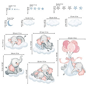 wondever Watercolor Pink Sleeping Elephant Wall Stickers Flying Animals Clouds Star Peel and Stick Wall Art Decals for Baby Nursery Kids Bedroom