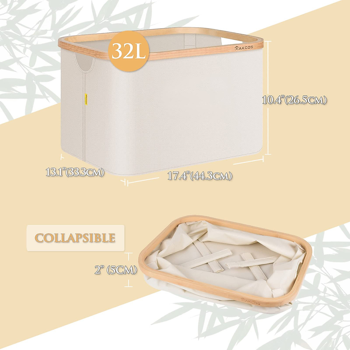 DAKCOS 2 Pack Foldable Storage basket with Handles Bamboo Rim Collapsible Fabric Storage basket for Storage Clothes,Toys,etc. 32L,Beige