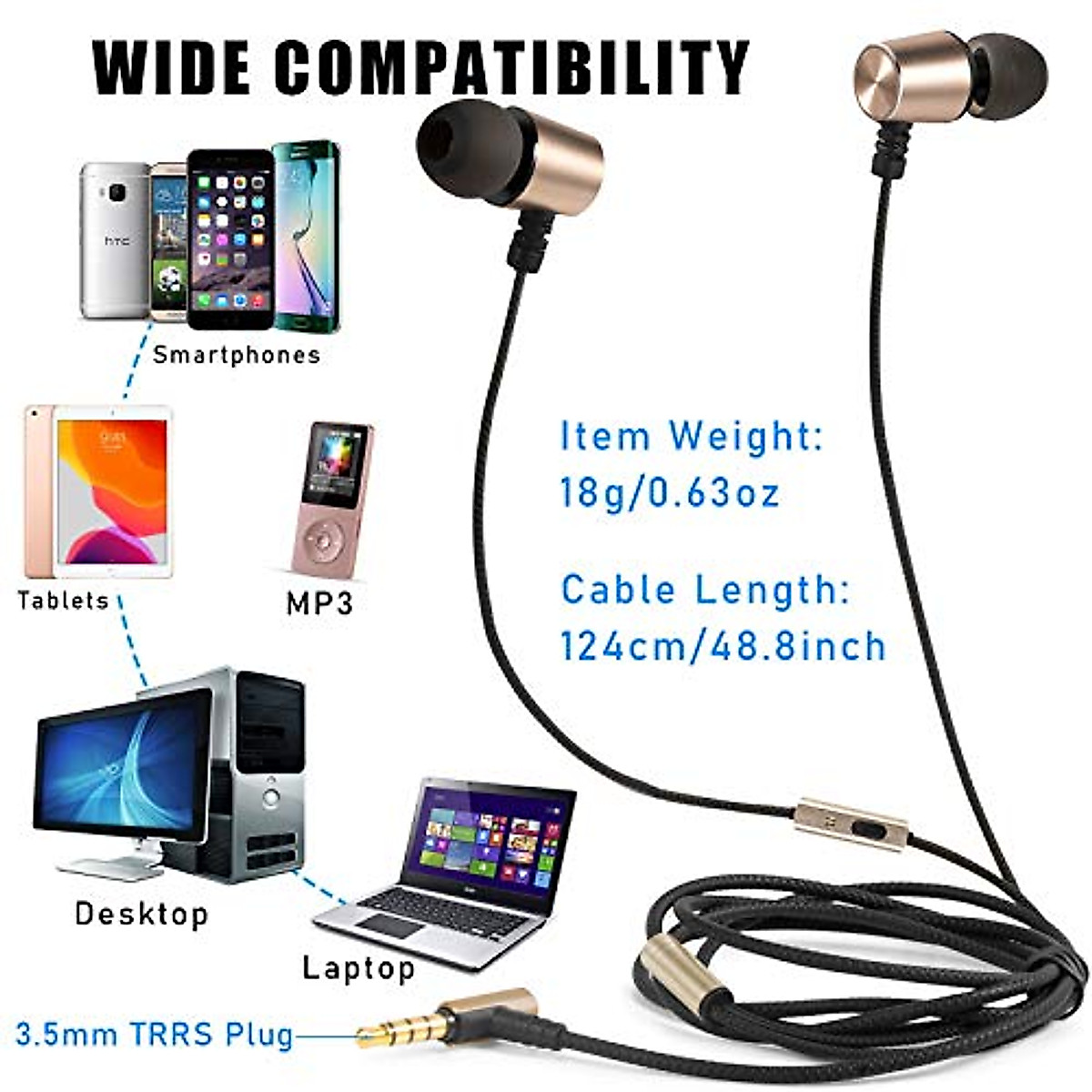 EXMAX S3 3.5mm Wired Earbuds In Ear Headphones With Microphone Powerful Deep Bass HiFi Stereo Crystal Clear Sound Metal Housing Noise Isolating Magnetic Ergonomic Comfort-Fit Gaming Earphones - Golden