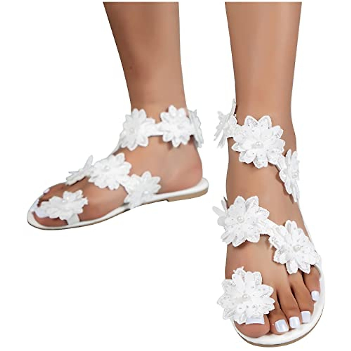 Womens Sandals Bohemia Peals Flower Gladiator Sandals Toe Ring Slip on Flats Sandals Casual Summer Beach Shoes