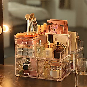 PENGKE Clear Makeup Organizer With Drawers,Stackable Cosmetic Storage Display Case for Vanity, Bathroom Counter or Dresser,Countertop Holder for Lipstick,Brushes,Eyeshadow,Nail Polish and Jewelry