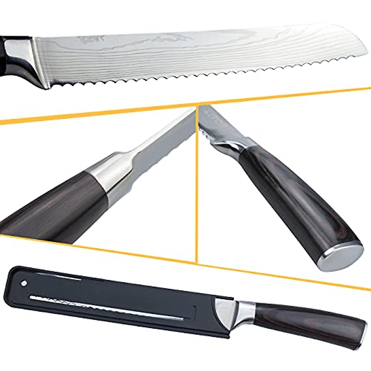 Kitory Bread Knife Serrated Knife 8‘’ Ultra Sharp Slicing Knife with Sheath German High Carbon Steel Wavy Edge Cake Slicer Bakery Slicing Cutter Ergonomic Ideal for All Types of Bread