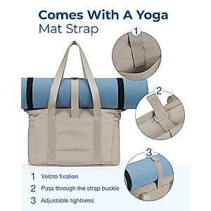 BAGSMART Tote Bag for Women, Lightweight Large Tote Bag with Compartments and Yoga Mat Strap, Quilted Shoulder Bag Handbag for Travel, Work, Gym, Camel