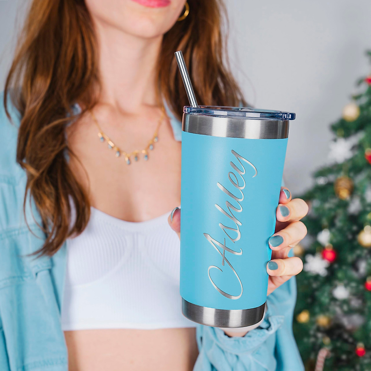 Personalized Tumbler with Engraved Name - 12 Designs, 20 Oz Coffee Tumbler with Slider Lid, Sky Blue, Double Wall Insulated - Custom Gifts for Women