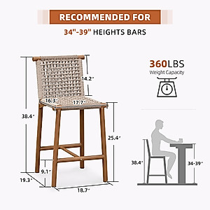 PURPLE LEAF Outdoor Bar Stools Set of 4 Aluminum Counter Height Wicker Stool with Back for Backyard Pool Lawn Kitchen Patio Metal Barstool Chairs