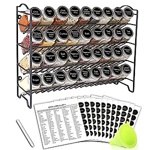 SWOMMOLY Spice Rack Organizer with 36 Empty Square Spice Jars, 396 Spice Labels with Chalk Marker and Funnel Complete Set, for Countertop, Cabinet or Wall Mount, Black