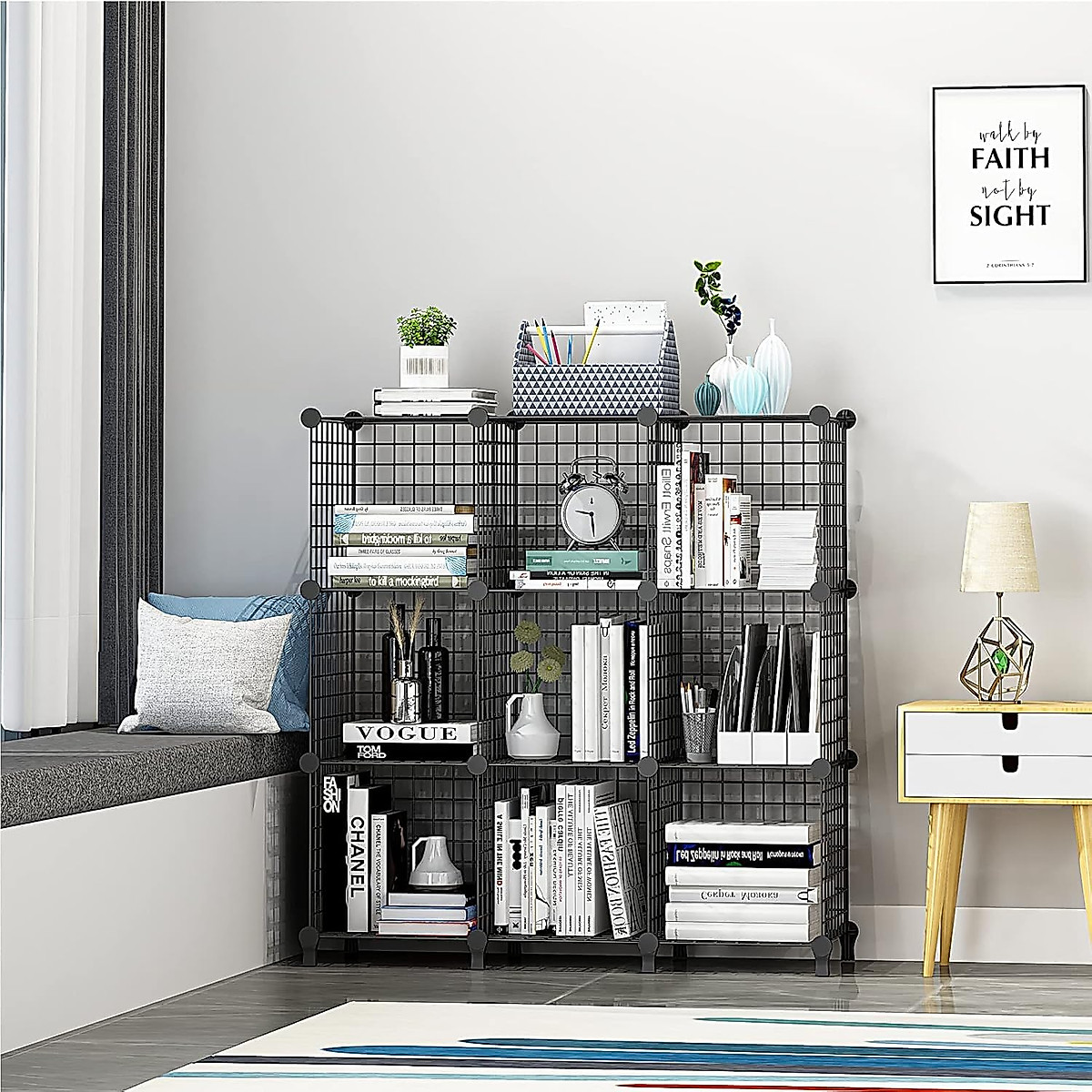 FUNLAX Cube Storage Shelf, 9 Wire Closet Storage Cubes Closet Organizers and Storage Sturdy Metal Bathroom Storage Book Shelf Clothes Organizer