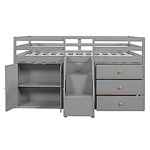 Solid Wood Full-Size Low Loft Bed Frame with Cabinets, Staircase with Hanging Clothes and Drawers for Kids, Pure Gray