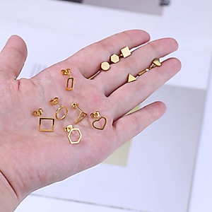 JOERICA Gold Tone Geometric Minimalist Stud Earrings for Women Simple Rhombus Hexagon Triangle Bar Heart Circle Earrings Set