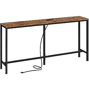 SUPERJARE Console Table with Outlet, 63 Inch Sofa Table with Charging Station, Narrow Entryway Table, Skinny Hallway Table, Behind Couch Table, for Living Room, Plants - Rustic Brown