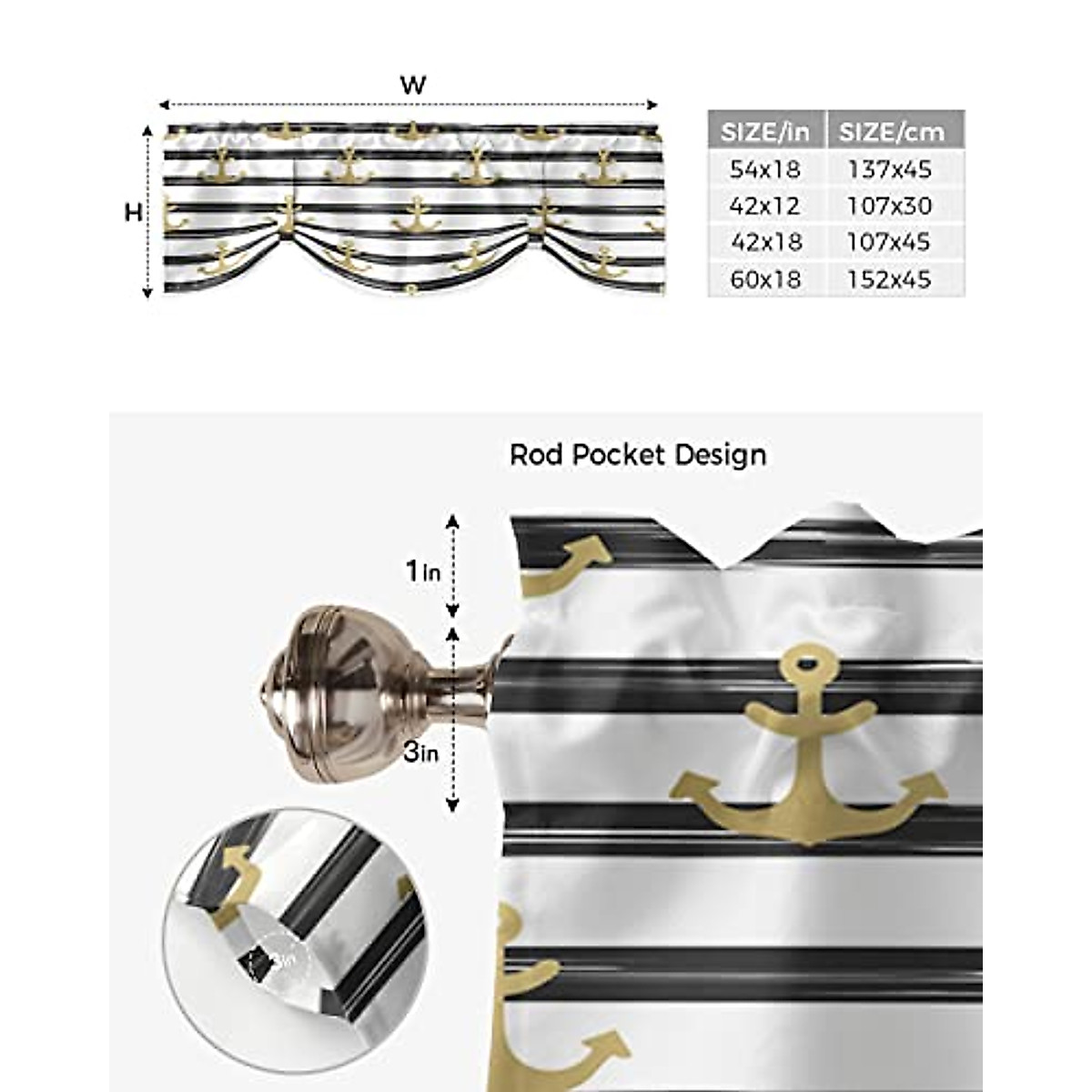 OneHoney Tie Up Curtain Valances Window Topper,Shade Valance for Kitchen Windows Nautical Theme Gold Anchor Rod Pocket Tie-up Curtains Window Treatment Drapes Black White Stripes 1 Panel-42 x18