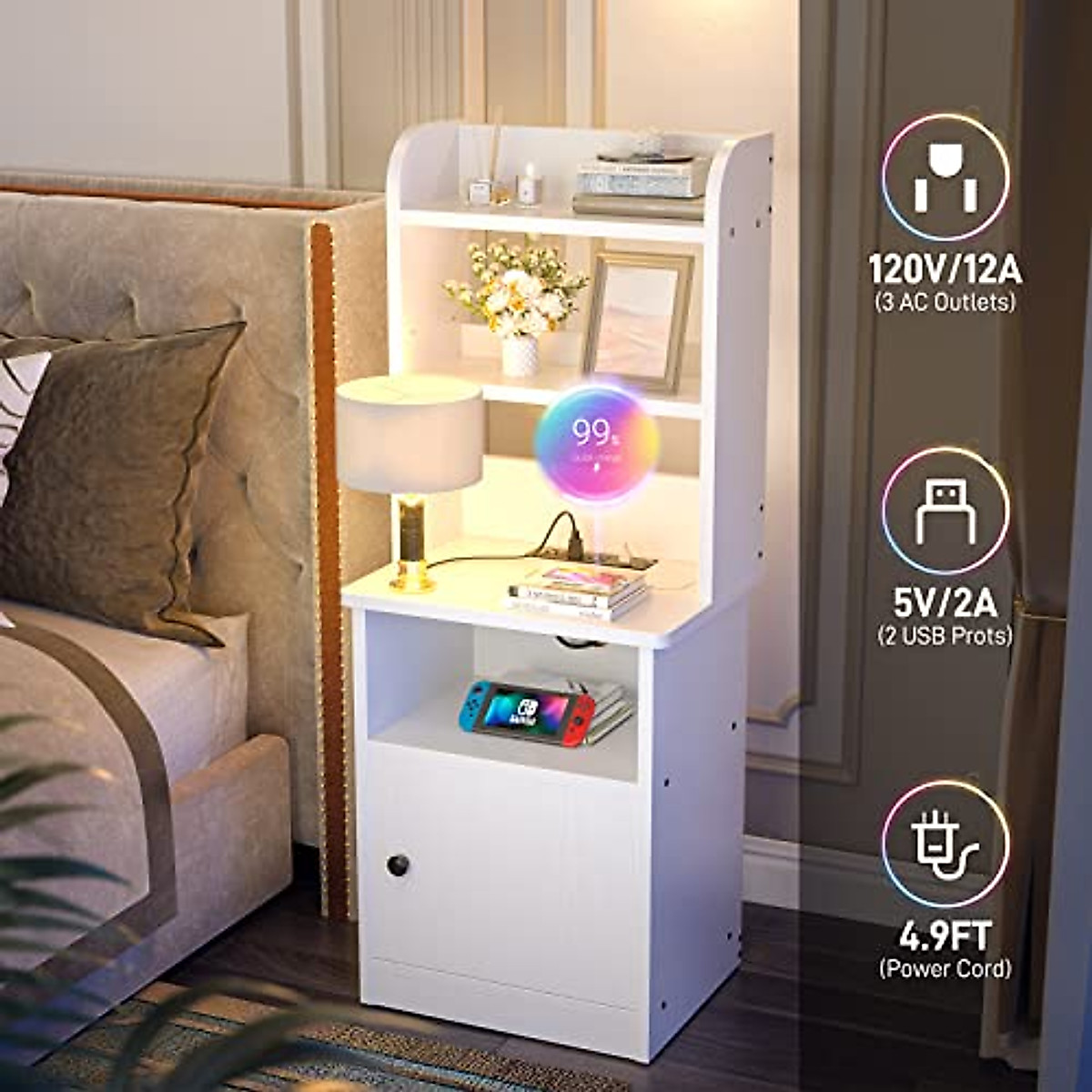 White Nightstand with Charging Station and USB Ports, 47" Tall Bedside Table with Adjustable Bookshelf, Industrial End Table Side Table with Storage Cabinet for Home Office, White