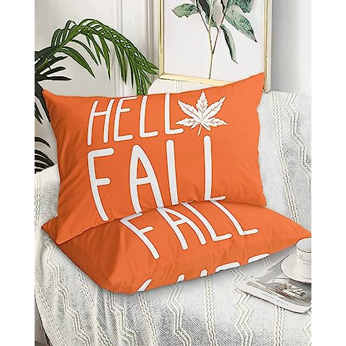 Edwiinsa Hello Fall Pillow Covers King Standard Set of 2 Bed Pillow, Rustic Orange Autumn Maple Leaf Plush Soft Comfort for Hair/Skin Cooling Pillowcases with Envelop Closure 20''x36''