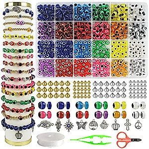 Redtwo 900 Pcs Evil Eye Beads Bracelet Making Kit, Friendship Evil Eye Bracelet Kit for Necklace Jewelry Making with Charms and Elastic Strings Gifts for Teen Girls Crafts for Girls Ages 8-12