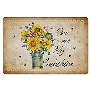 Sunflower Antifatigue Kitchen Bath Door Mat Cushioned Runner Rug,Washable Welcome Floor Sink Mat,Retro Letter Stamp Bee Sunshine Flower Waterproof Non-Slip Comfort Standing Doormat for Kitchen,20"x39"