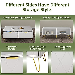 Scurrty 39.4'' Coffee Table with Large Drawers & 2 Open Storage Shelves, White Modern Coffee Tables with Gold Metal Handles for Living Room, Bedroom and Study (White)