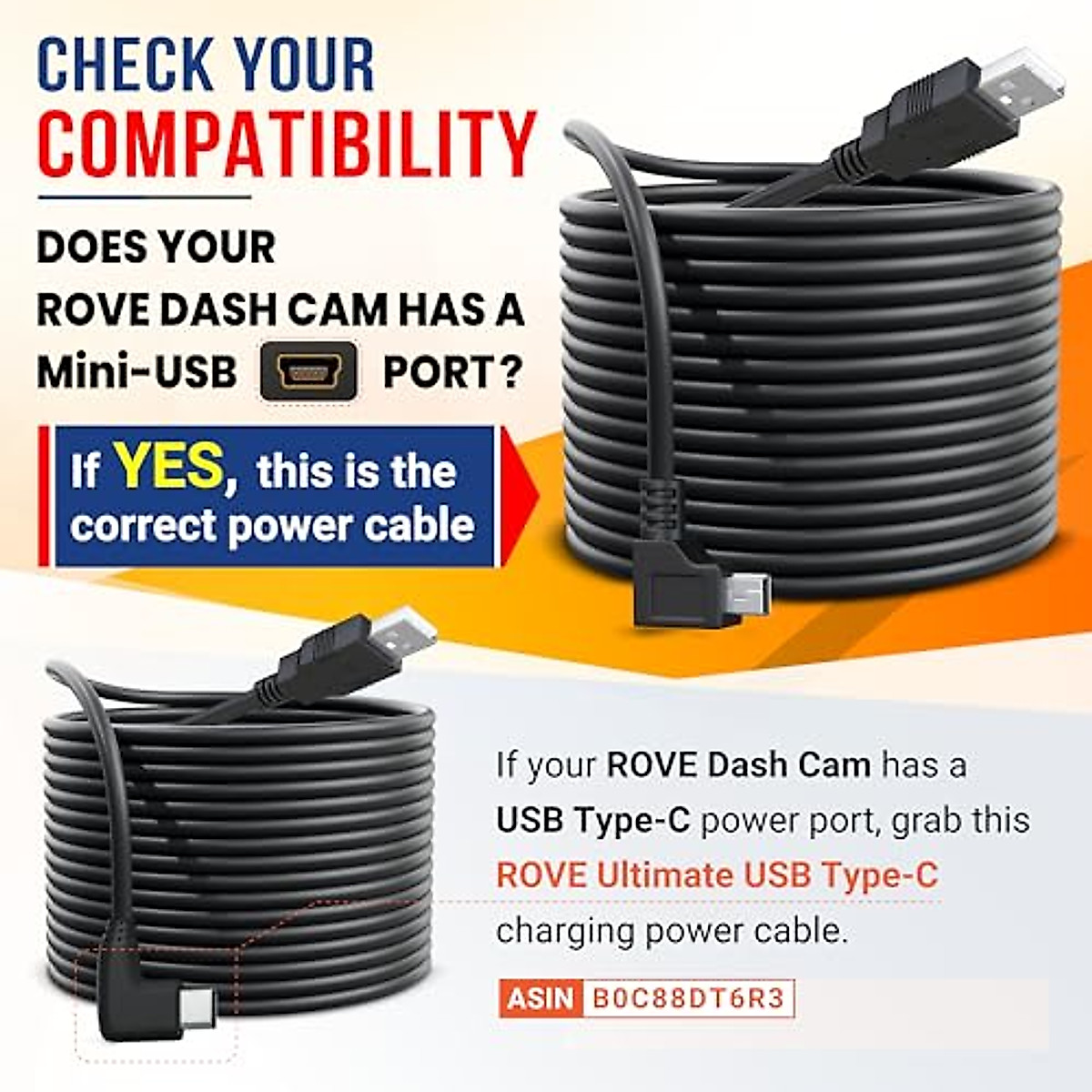 ROVE Ultimate 12ft Mini USB Car Charging Power Cable for R2-4K Dash Cam | with Mini-USB Port Only | Check Compatibility Image Before Purchasing