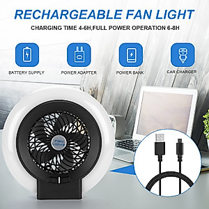 Camping Fan Light , Portable Camping Lantern with Fan ,Rechargeable Multi-Use Camping Fan with Built-in 21 High-Brightness White Lights for Tents, Hiking, Home, Office