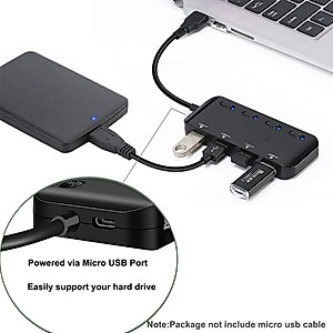USB 3.0 Hub Splitter - USB Extender 4 Port USB Ultra Slim Data Hub with Individual Power Switch and LED for Laptop, Computer, PC, Thumb Driver and More