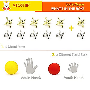 ATOSHP Jacks Game with Ball, Retro Toys, 12 Metal Jax and 2 Different Balls in The Box