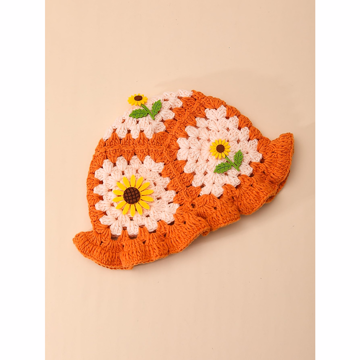 Verdusa Women's Floral Applique Crochet Bucket Hats Knit Caps Orange one-Size