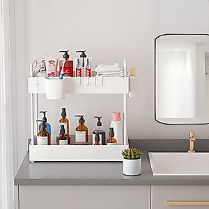 Ormeli Under Sink Organizer, 2 Tier Bathroom Sink Storage Under Cabinet Organizer Baskets Kitchen Countertop Organizer Multi-purpose Bath Collection Baskets with 6 Hooks 2 Hanging Cups(1 Pack, White)