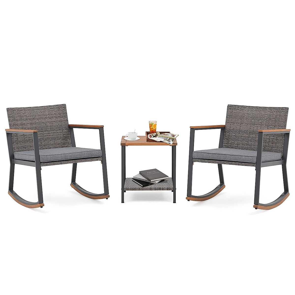 Verano Garden 3 Pieces Rocking Bistro Set, Small Wicker Patio Furniture Set with 2-Tier Coffee Table for Porch,Balcony,Yard,Garden, Light Gray