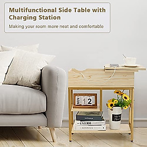 Hadulcet Side Table with Charging Station, Flip Top End Table with Storage Shelf for Living Room Bedroom Small Space Gold & Beige
