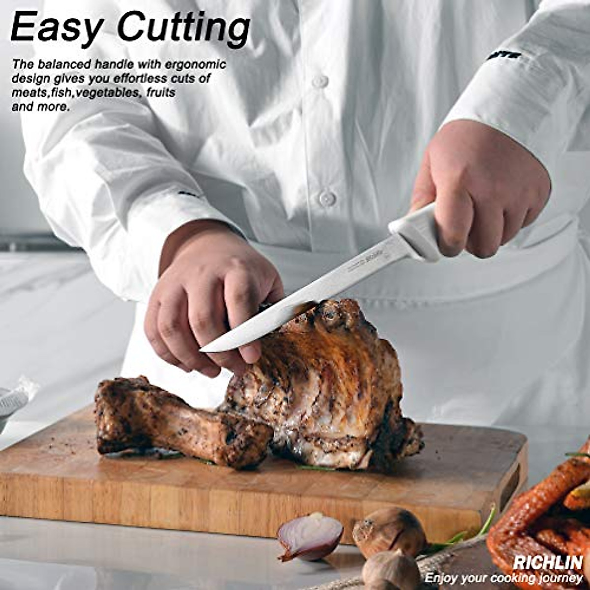 Richlin Boning Knife,8-Inch Chef's Knife with Razor Sharp High Carbon Stainless Steel for Meat and Poultry(8” Narrow Boning Knife,White)