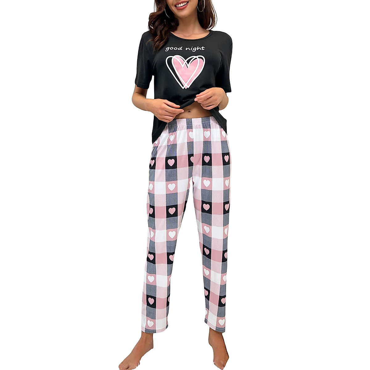 SOLY HUX Women's Heart Letter Print Short Sleeve T Shirt and Plaid Pants 2 Piece Summer Pajama Set Black Heart L