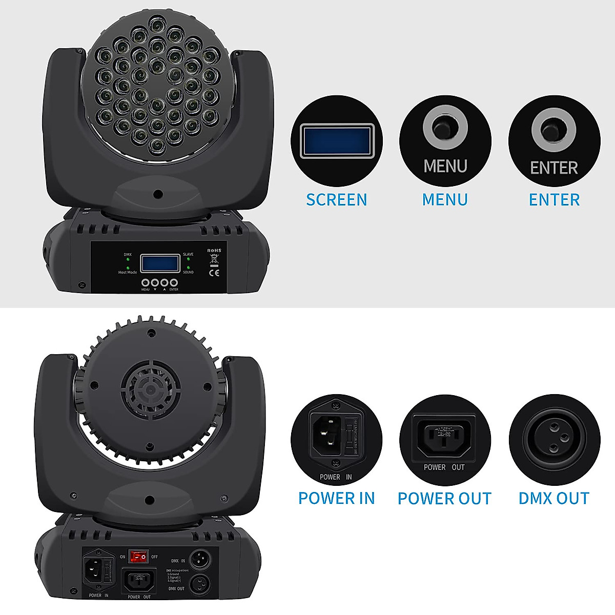 BETOPPER Stage Lights, 36x3W LED Wash Lights RGBW, DMX/Sound Activated DJ Lights, Moving Head Lights for DJ Show, Bar, KTV, Disco, Party Lighting