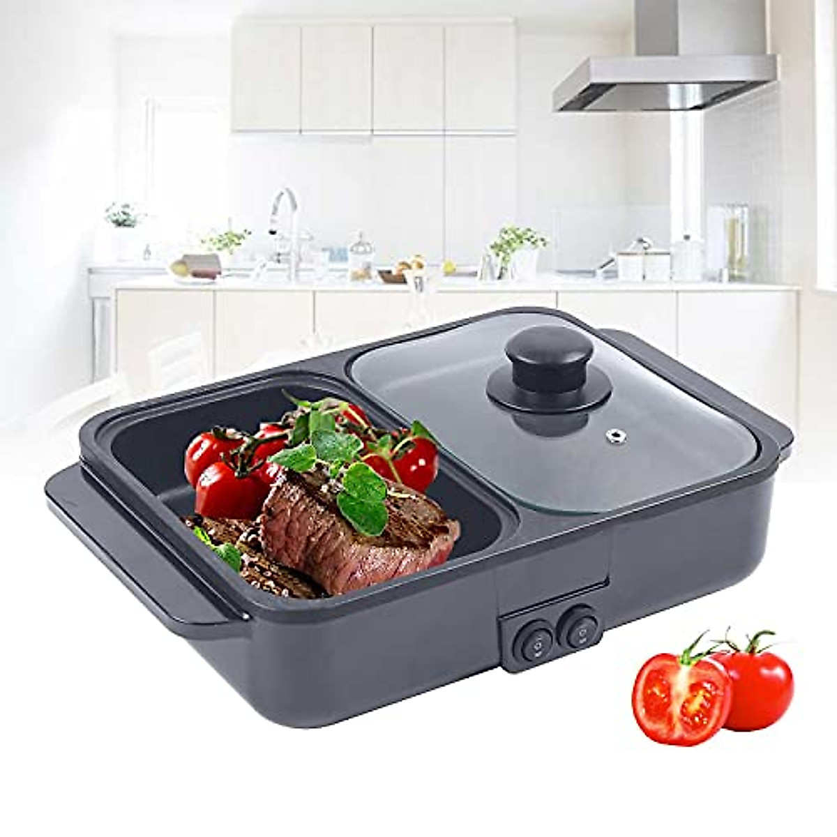 Electric Grill with Hot Pot, 2 in 1 Indoor Non-Stick Electric Hot Pot and Frying Pan,Independent Dual Temperature Control for Korean BBQ, Steaks, Shabu Shabu and Noodles/2319 (Color : Black)