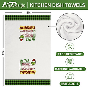 AnyDesign Christmas Kitchen Towel Green Black Buffalo Plaids Dish Towel 28 x 18 Inch Merry Whatever Cartoon Character Tea Towel Xmas Decorative Hand Drying Towel for Kitchen Cooking Baking, 4 Pack