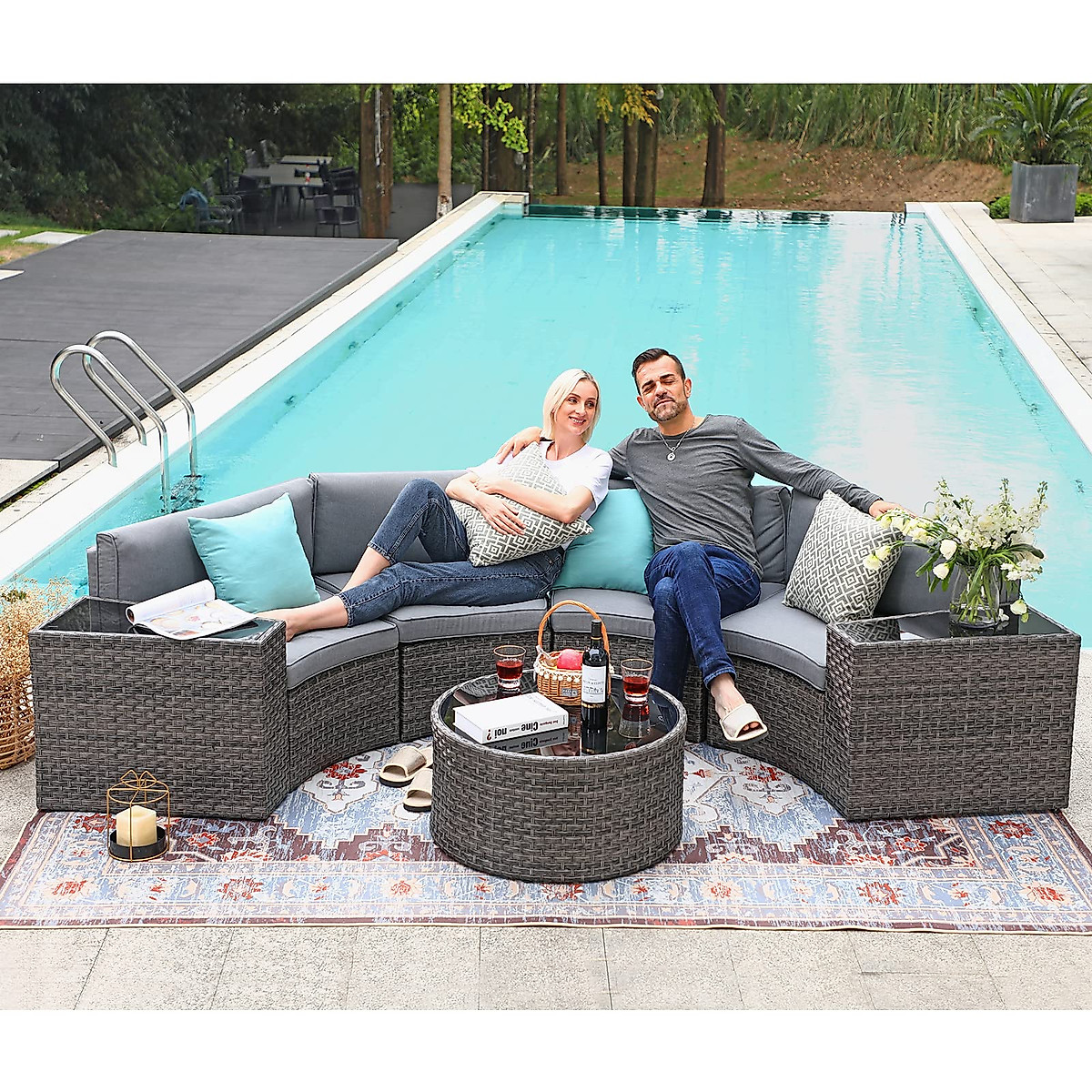 SUNSITT Outdoor Patio Furniture Sectional 7-Piece Half-Moon Curved Outdoor Sofa Set with Round Coffee Table, 4 Pillows & Waterproof Cover, Grey Rattan