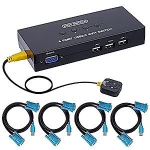 VGA KVM Switch 4 Port, USB VGA KVM Switcher for 4 Computers Share 1 Monitor 3 USB Devices Keyboard Mouse Scanner Printer, Including 4 KVM Cables & Desktop Control