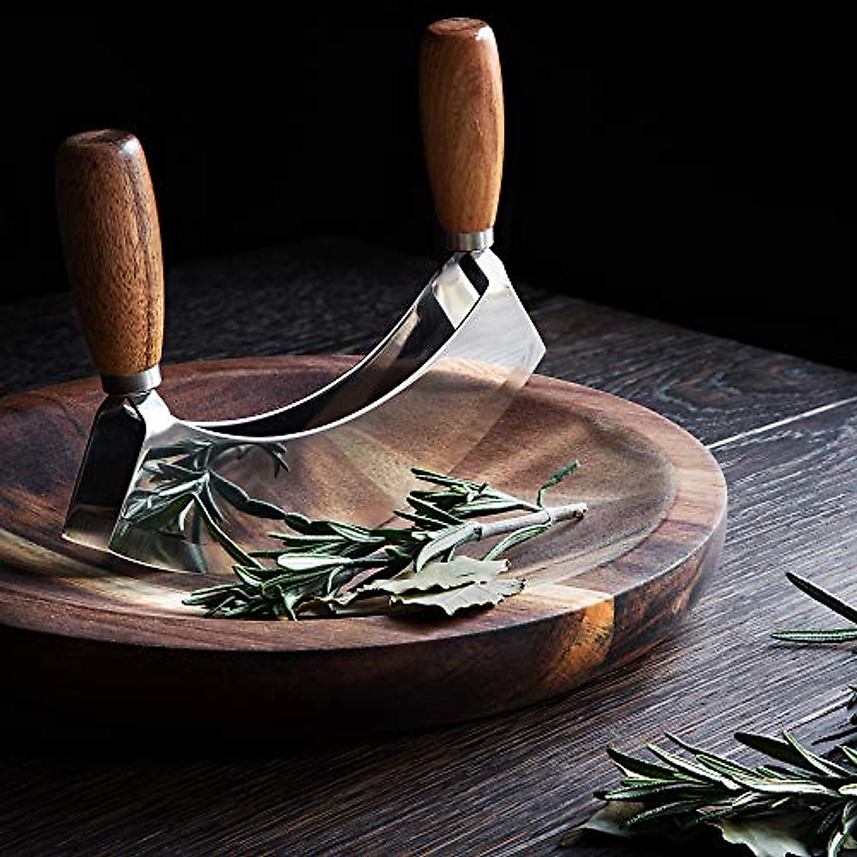 Navaris Cutting Board & Mezzaluna Knife - Wooden Chopping Board & 2-Bladed Curved Herb Cutter - Round Acacia Wood Board & Double Blade Rocker Chopper