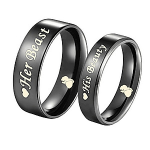 His Beauty Love Heart Women's Black Stainless Steel Engagement Wedding Bands Promise Ring Anniversary (Her Size 5)