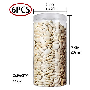 EATHEATY 6 Pack 46oz/1360ml Large Plastic Jars with Lid, Wide Mouth Empty Clear PET Storage Containers with Lid, Tall Plastic Candy Cylinder Storage Jars for Dry Food, Peanut, Powder, Kitchen, Snacks