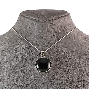 Echmeck Sterling Silver 925 Round Black Onyx 20mm Handmade Pendant Necklace with 16+2 inches Chain for Women